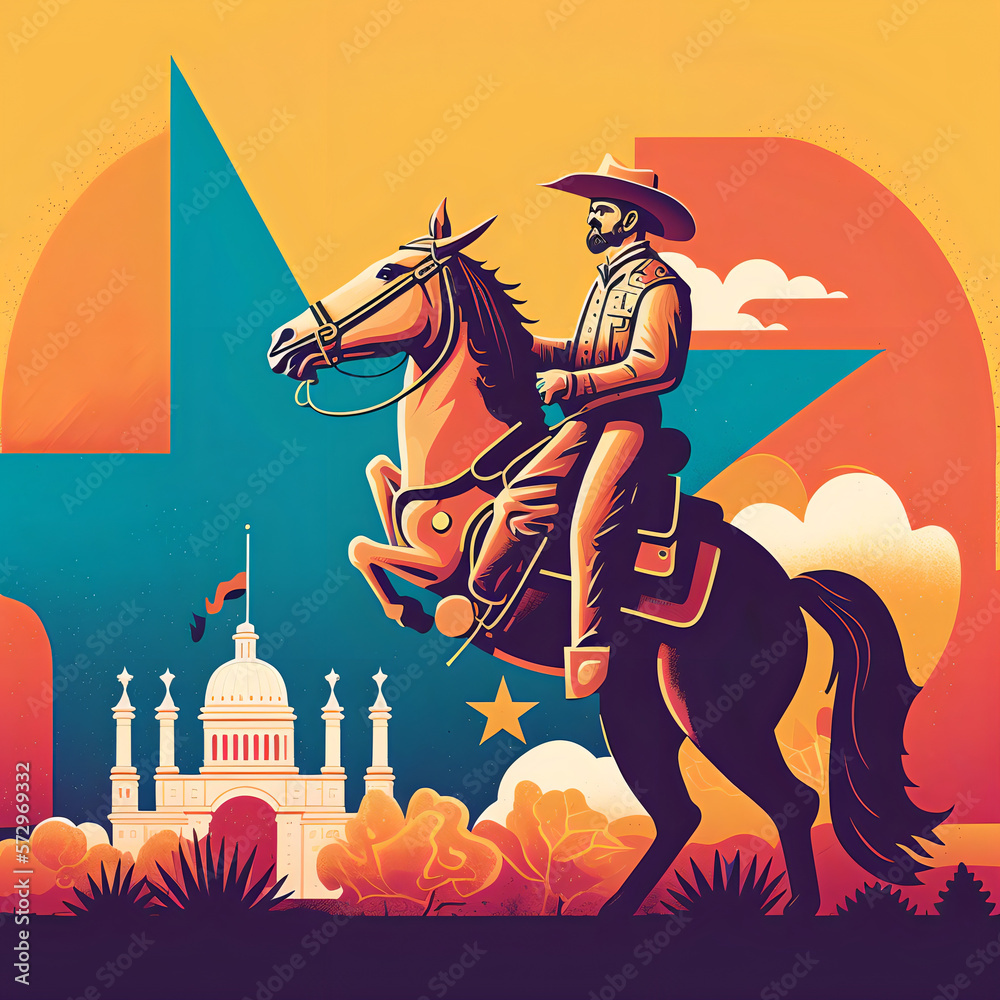 A vibrant digital illustration of Texas, featuring a cowboy on ...