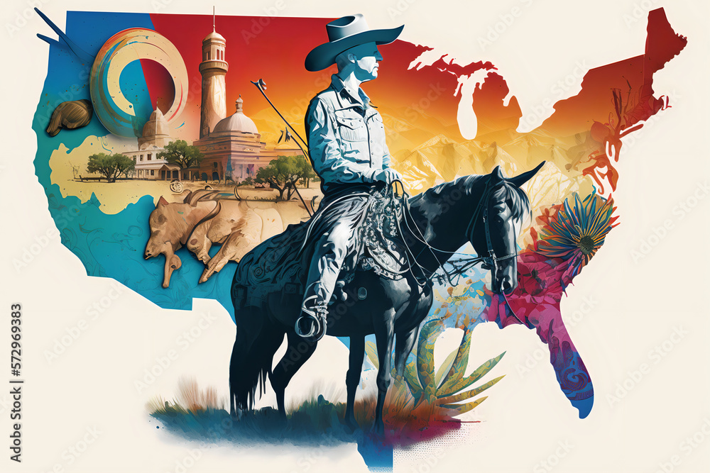 A vibrant digital illustration of Texas, featuring a cowboy on ...