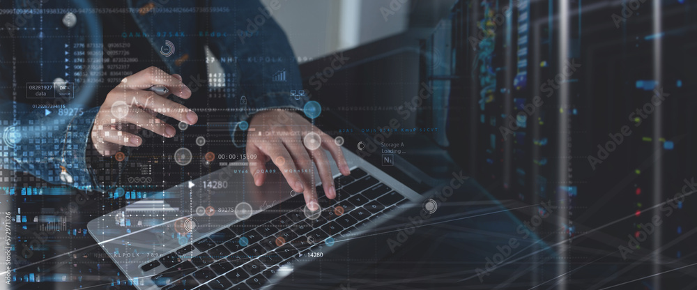 Data Processing, digital technology, internet network concept. Computer programmer working on ...