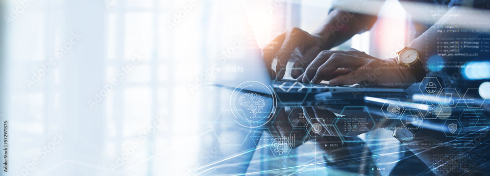 Foto de Data processing, digital technology, software development concept. Computer programmer ...