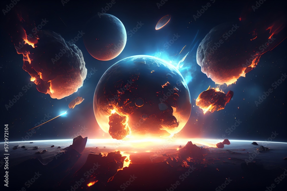 Asteroid Impact. End Of World. Judgment Day. Group Of Burning Exploding ...