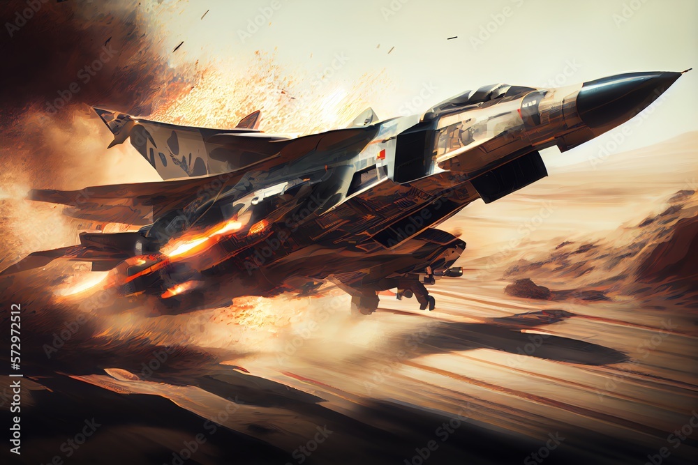 Combat Military Fighter Rapidly Takes Off At High Speed From The Runway ...