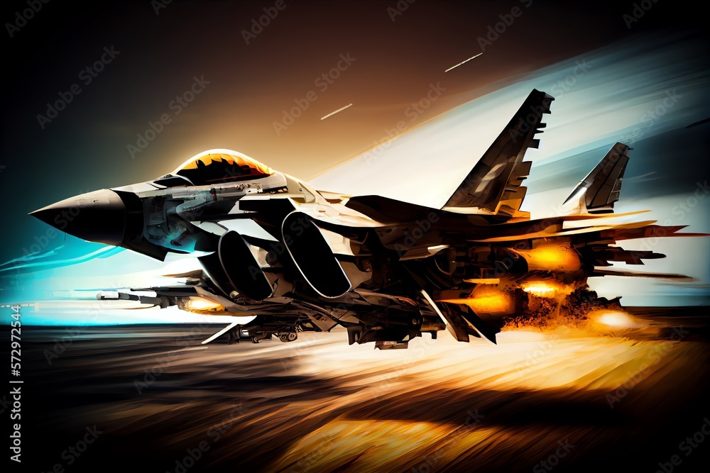 Combat Military Fighter Rapidly Takes Off At High Speed From The Runway ...