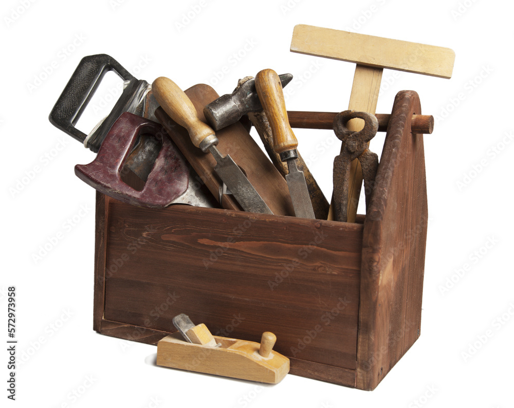 Old Carpenter Wooden toolbox with tools isolated on transporent ...