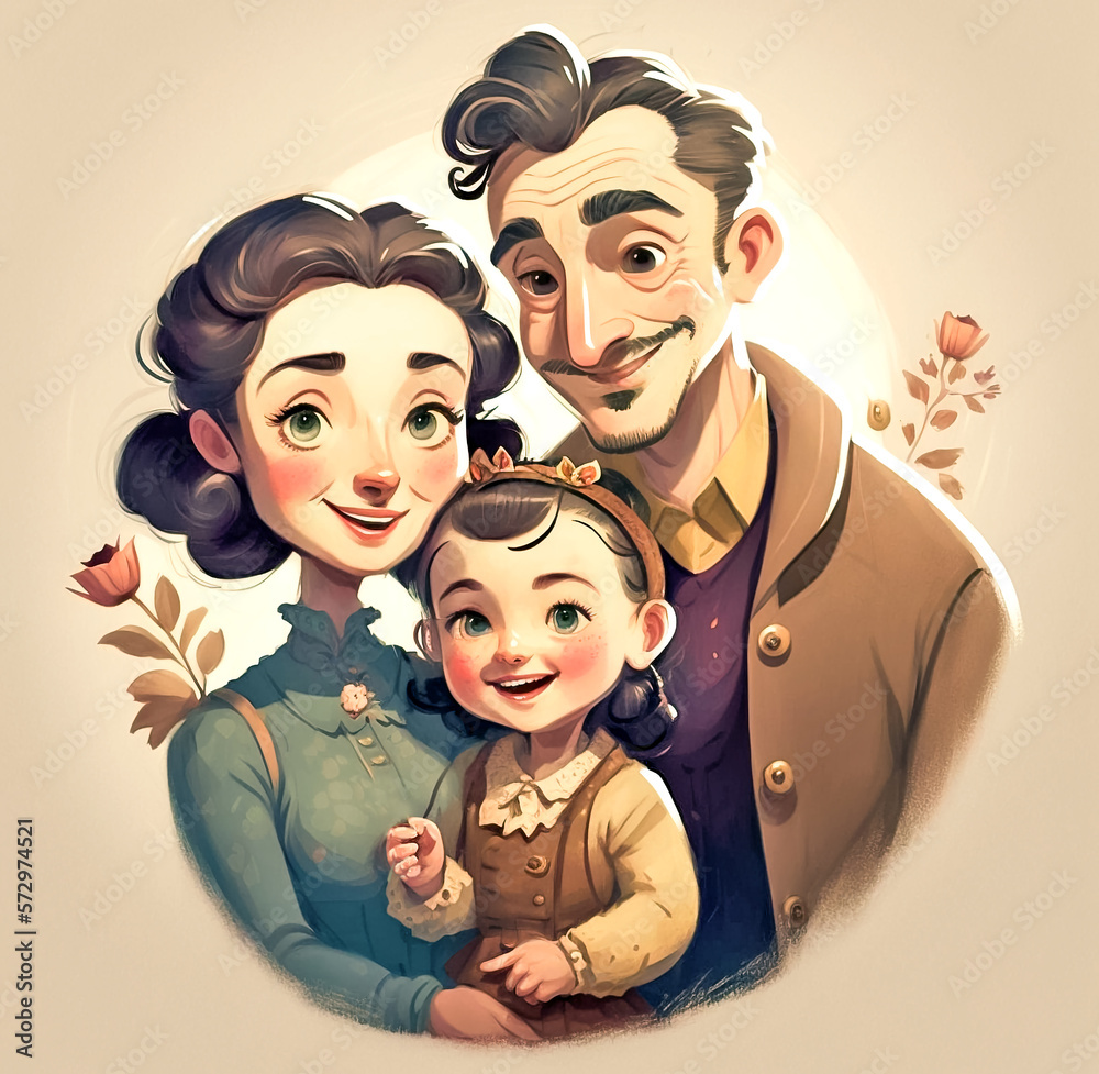 Cartoon family portrait in vintage style. Stock Illustration | Adobe Stock