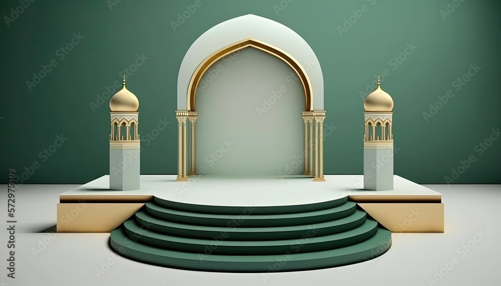 simple 3D empty product podium stage, ramadhan, sage green and gold ...