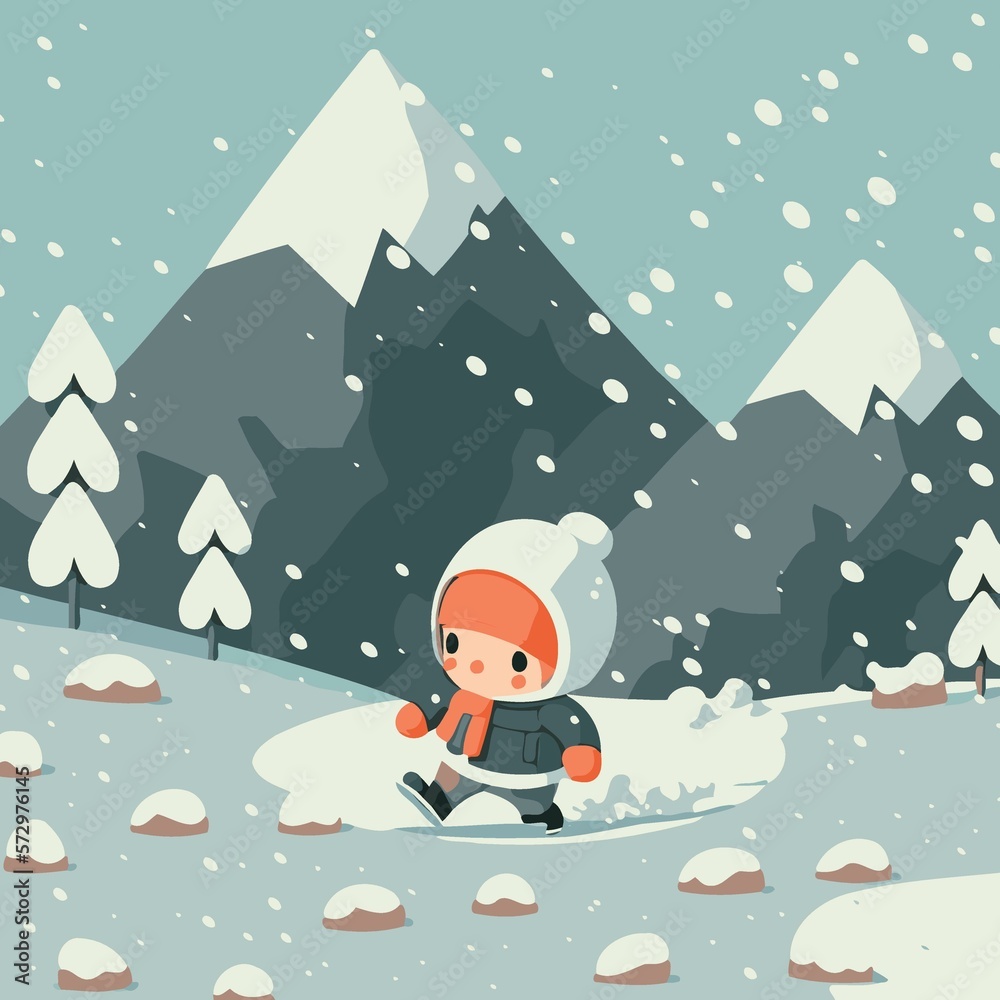 Small cute character bundled up in nature with snow and ice whil ...