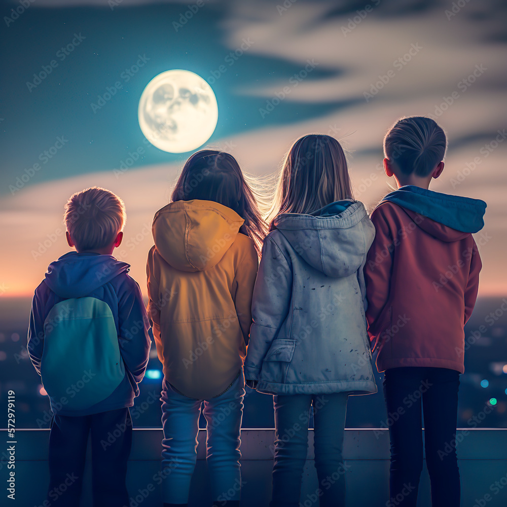 Kids on rooftop at night watching the moon thinking in their ...