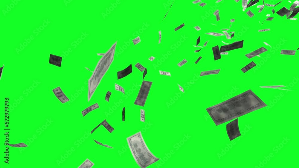 Falling and fly bills of one hundred dollar bills. Green screen chroma ...