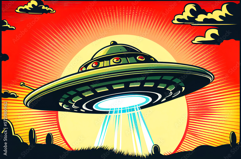 Extraterrestrial UFO Flying Saucer, dynamic view, colorful illustration ...