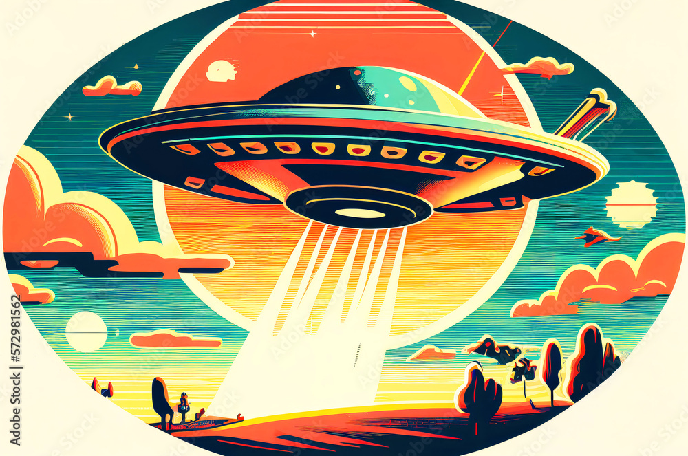 Extraterrestrial UFO Flying Saucer, dynamic view, colorful illustration ...