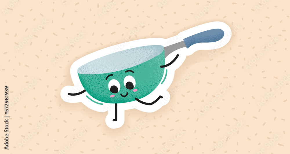 Green cute frying pan balancing on one leg. Happy wok pan vector ...