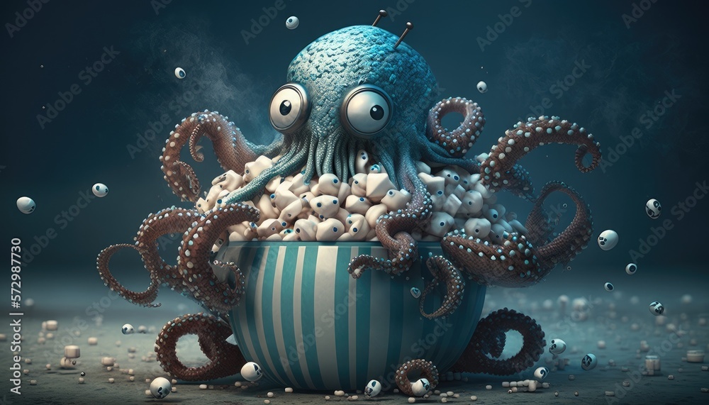 scared octopus with bucket of popcrorn, probably watching a scary movie ...