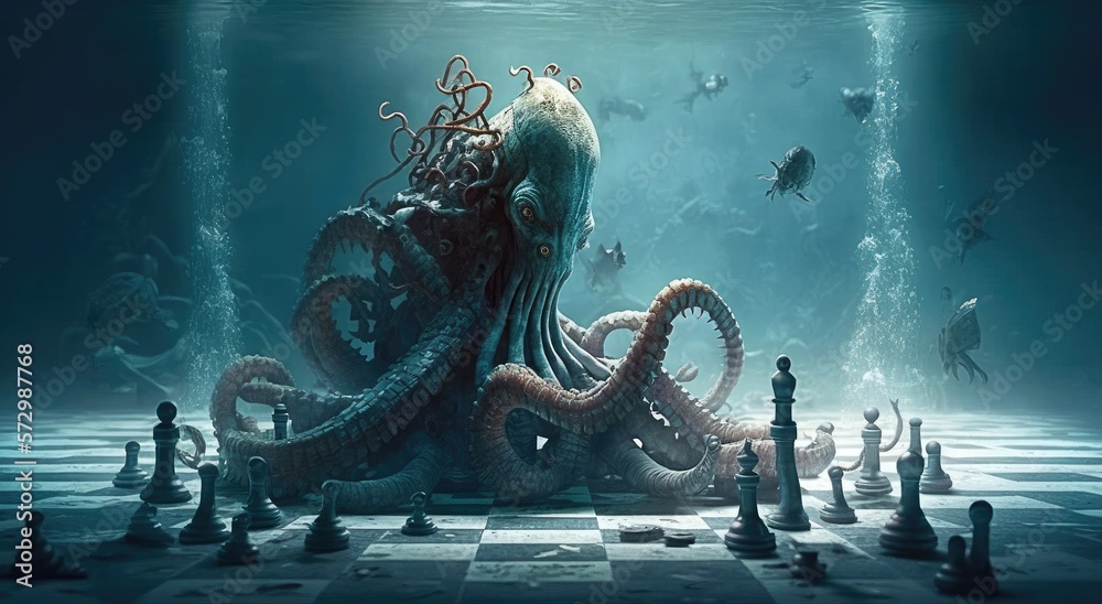 Cthulhu playing chess with himself underwater on giant chess board ...