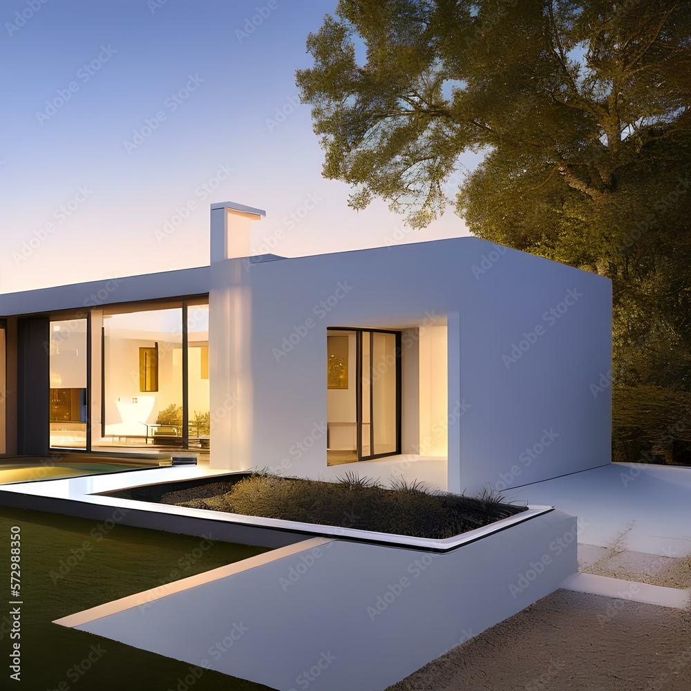 L-shaped modern home with white stucco exterior and prominent glass ...