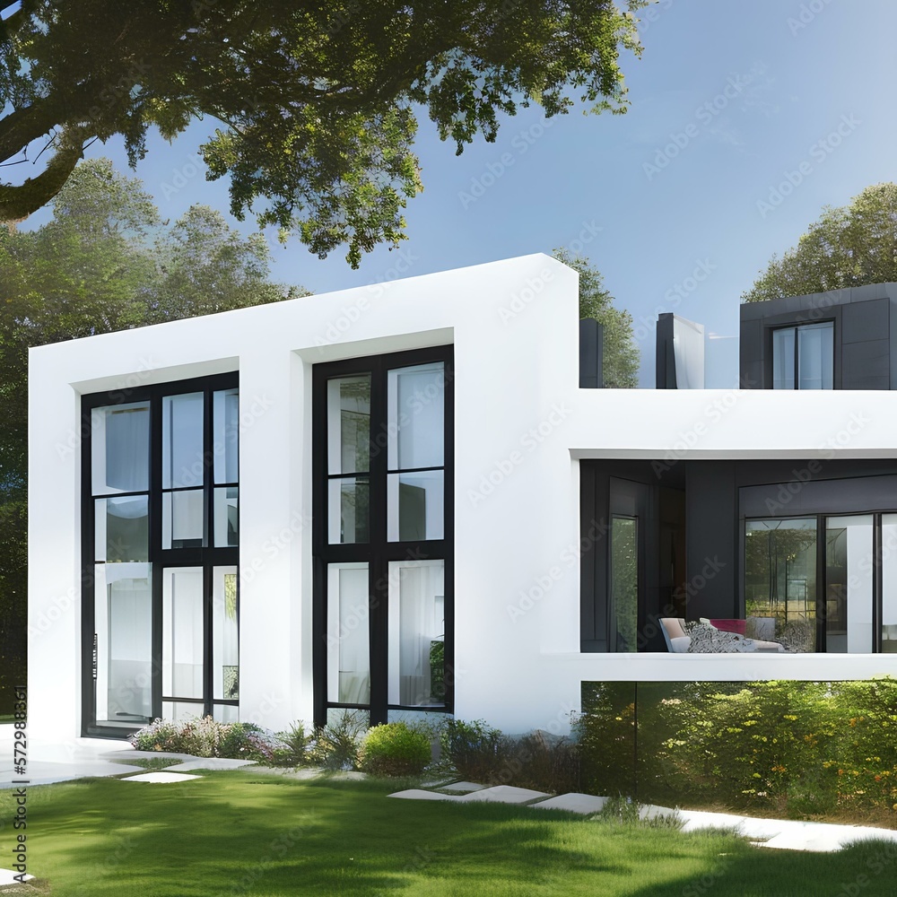 L-shaped modern home with white stucco exterior and prominent glass ...