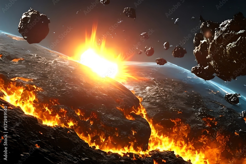 Asteroid Impact. End Of World. Judgment Day. Group Of Burning Exploding Asteroids From Deep ...