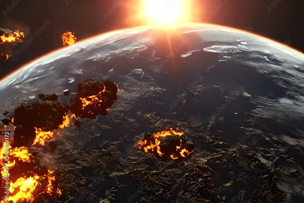 Asteroid Impact. End Of World. Judgment Day. Group Of Burning Exploding ...