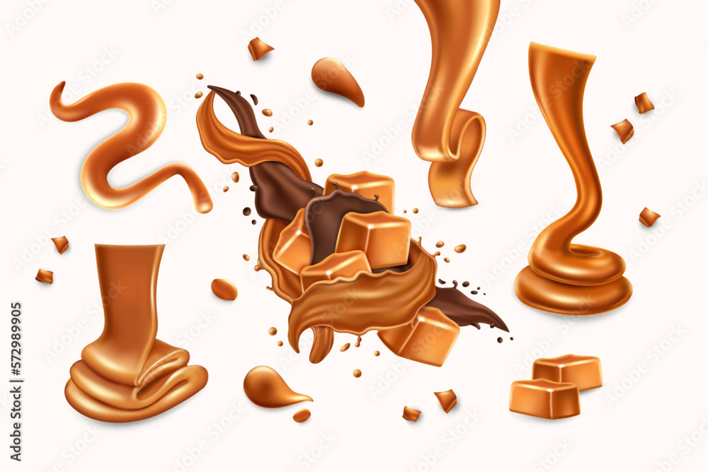 Realistic caramel, peanut butter splash. Toffee candies, swirl of ...