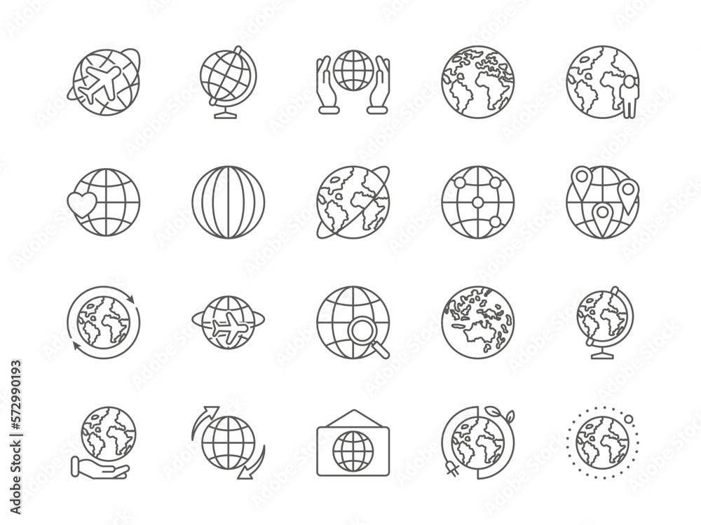 World globe. Planet icons. Earth in hands. Global international map ...