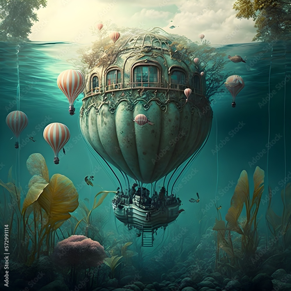 underwater overgrown theme park hot air balloon ride surreal details ...