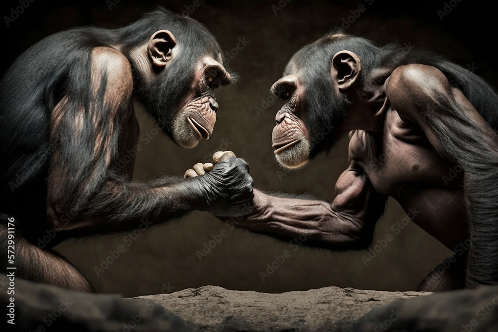 Arm wrestling fight between two competing chimpanzees, trial of ...