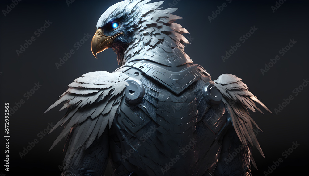humanoid eagle head, white space suit,blue light,future scenario ...