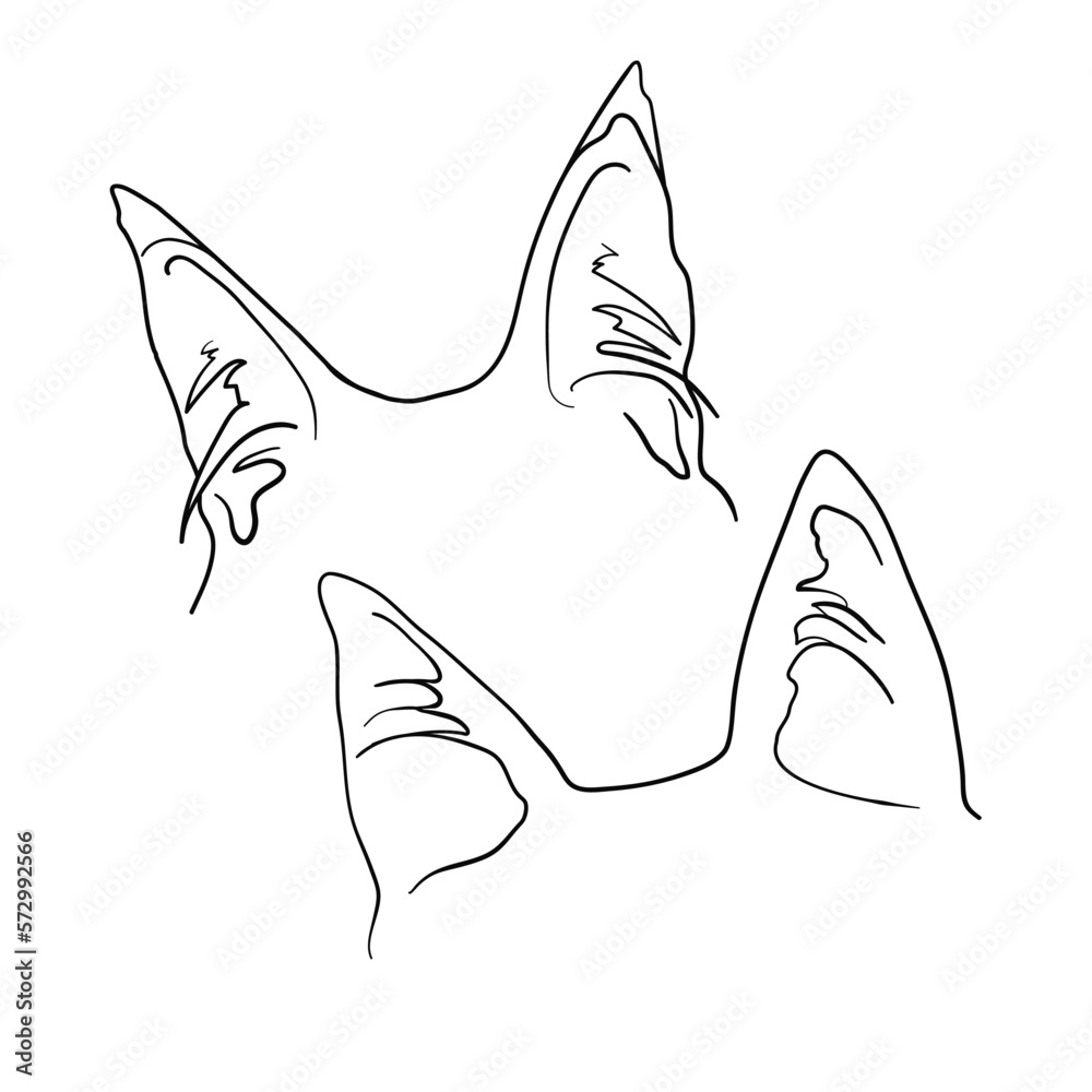 Cats ears line drawing on white background. Outline animals ears set ...
