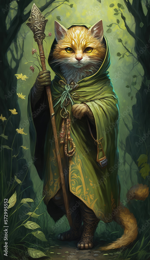 "The Cute Dryad Yellow Cat with a Shiny Wooden Magic Staff in a Magical ...