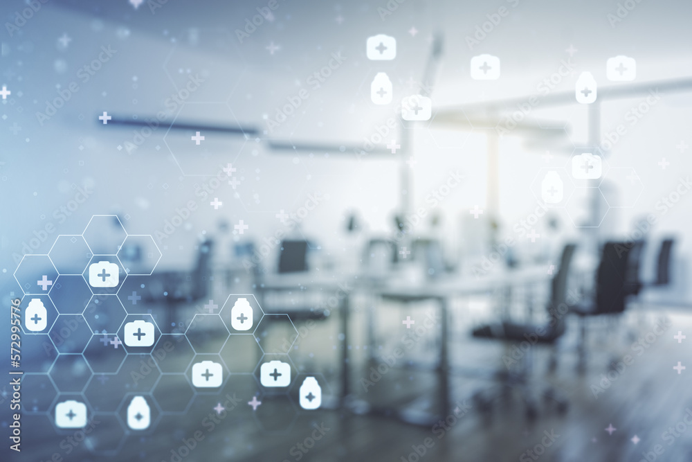 Abstract virtual medical sketch on a modern furnished office interior ...