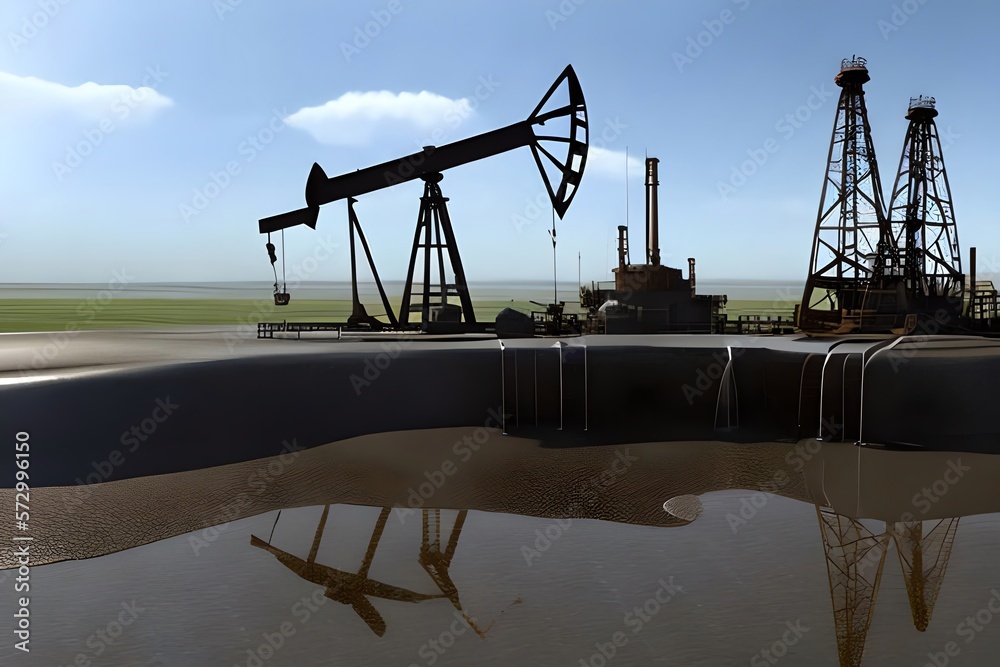 Oil Derrick And A Puddle Of Oil Spilled Next To The Well. Fountain Of ...