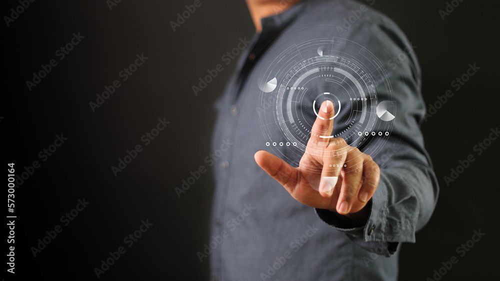 A businessman pressing tech button. Communicate with futuristic ...