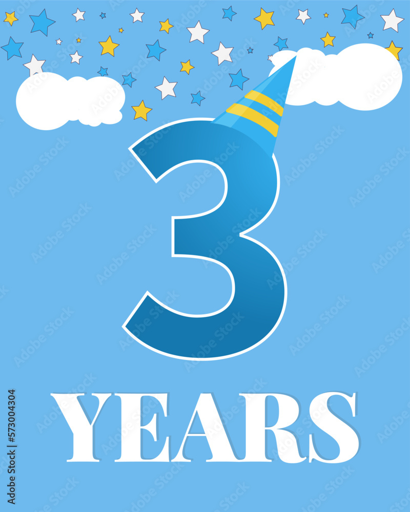 Birthday card 3 years anniversary design with colors stars on blue ...