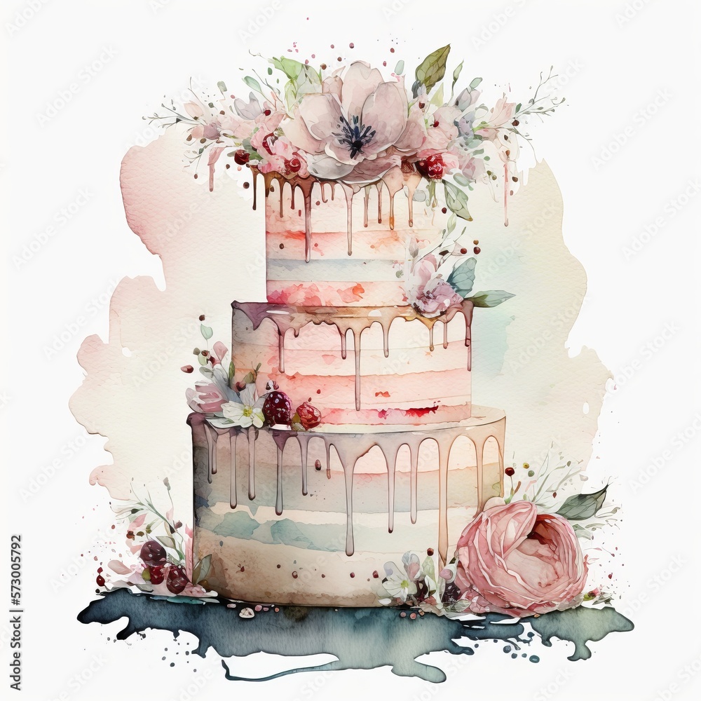 drawing of a large cake with flowers pastel colors watercolor white ...