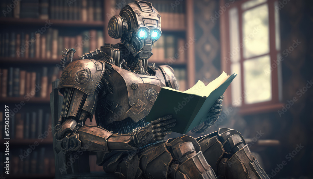 an outdated robot model reads a book in a library. futuristic plot ...