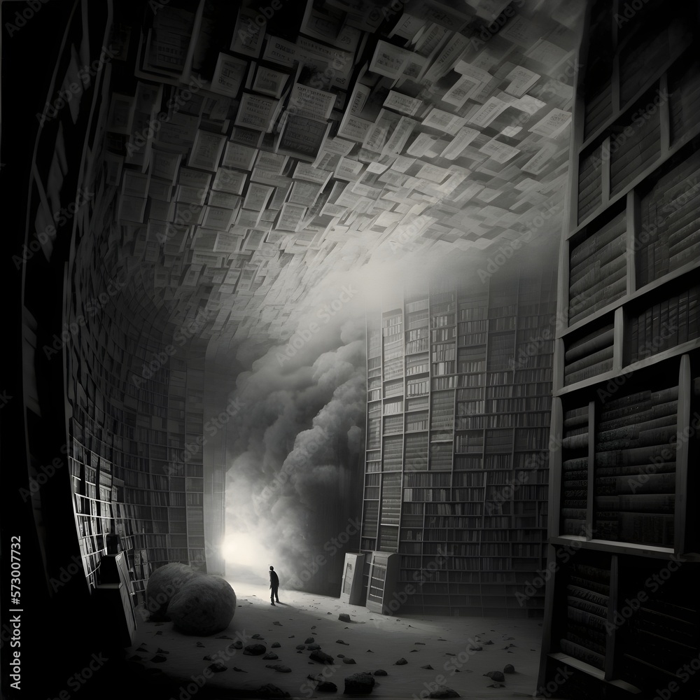 inside the shelving structures of Jorge Luis Borges library of Babel ...