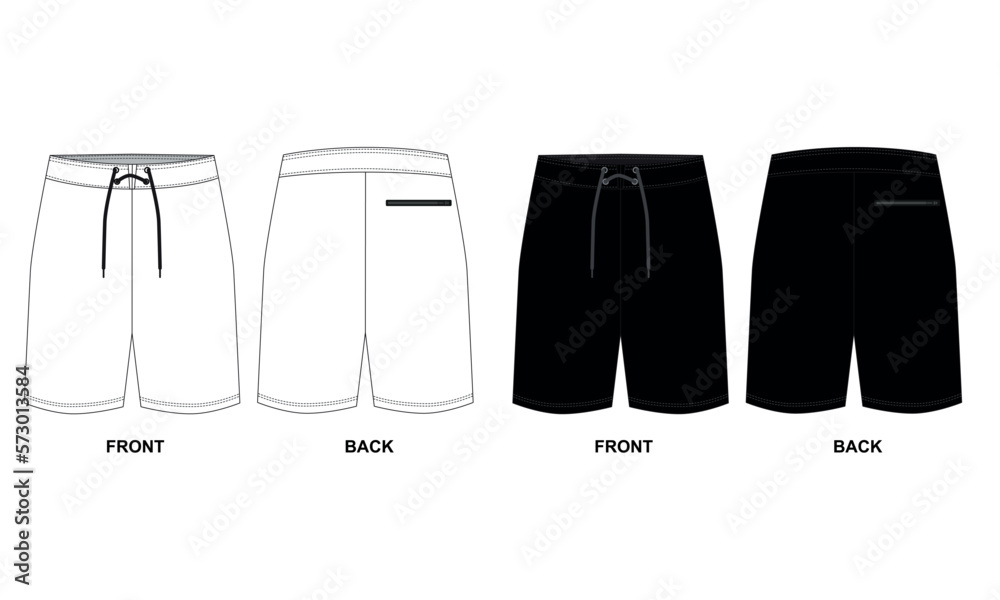 Set of vector drawings of sports men's shorts in black, white colors ...