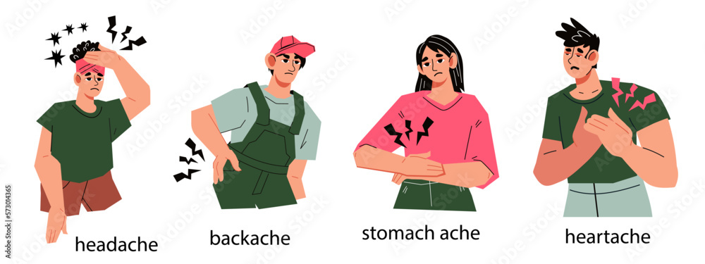 People feel pain, flat cartoon vector illustration isolated on white ...