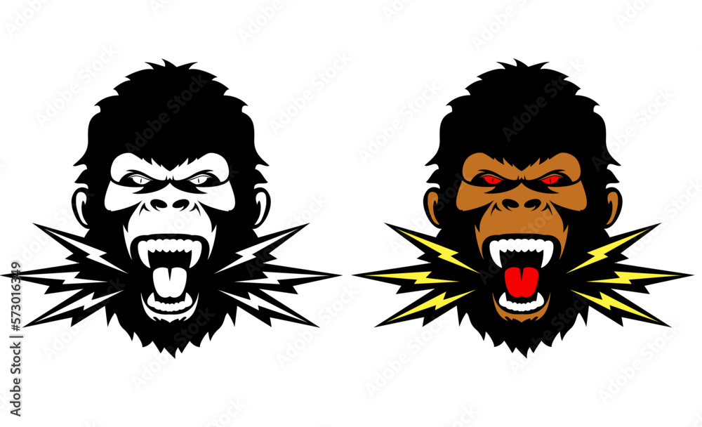 Vetor de Angry gorilla screaming face with head spitting thunder bolts ...