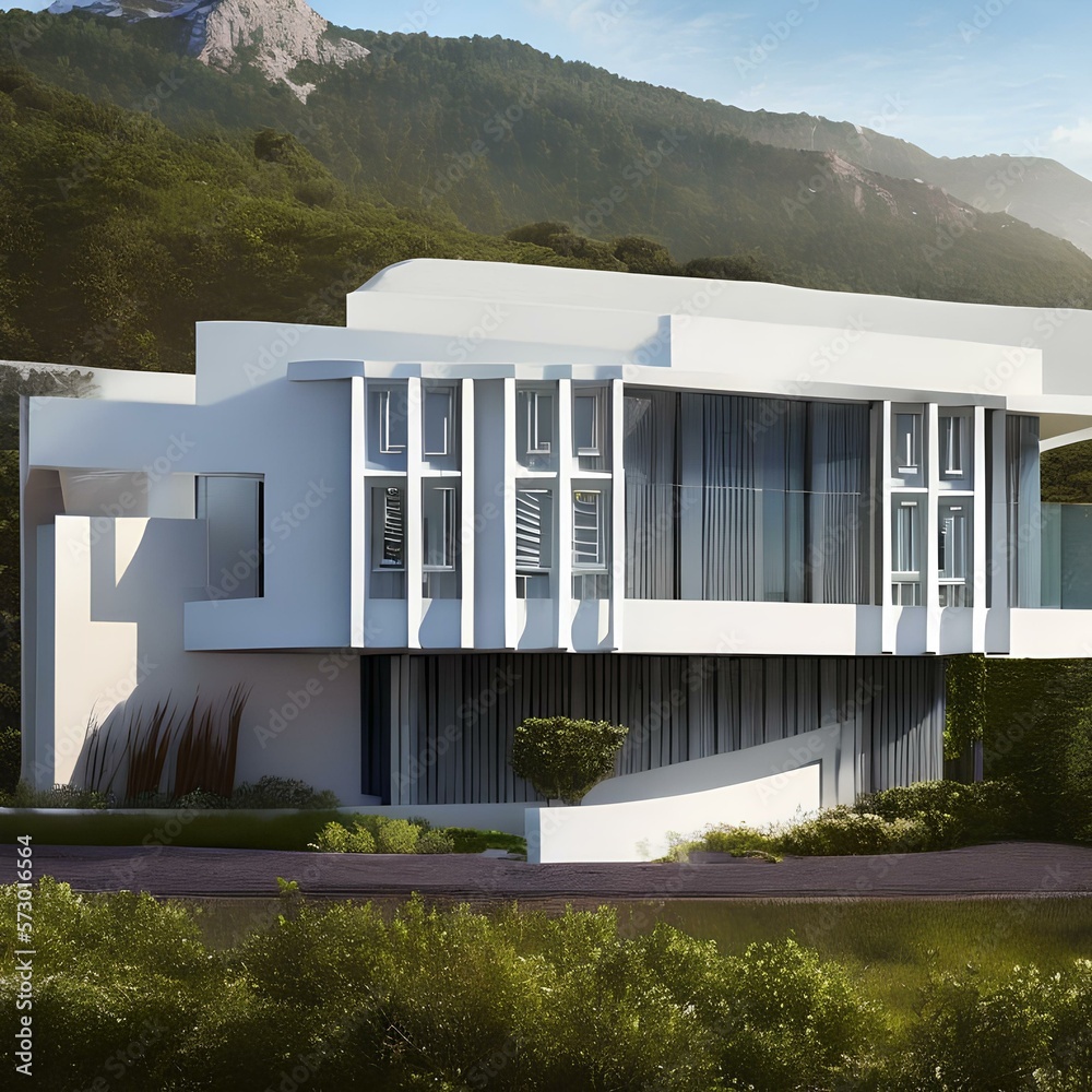 L-shaped modern home with white stucco exterior and prominent glass ...