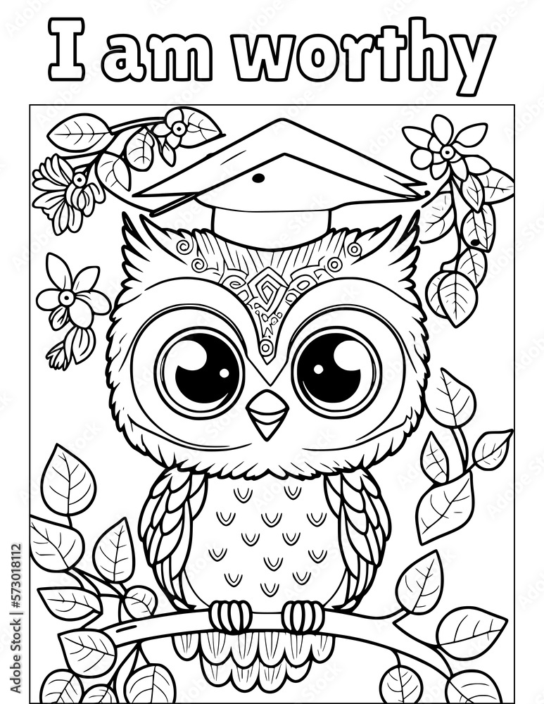 Positive affirmations coloring pages for kids, I am Worthy, Owl ...
