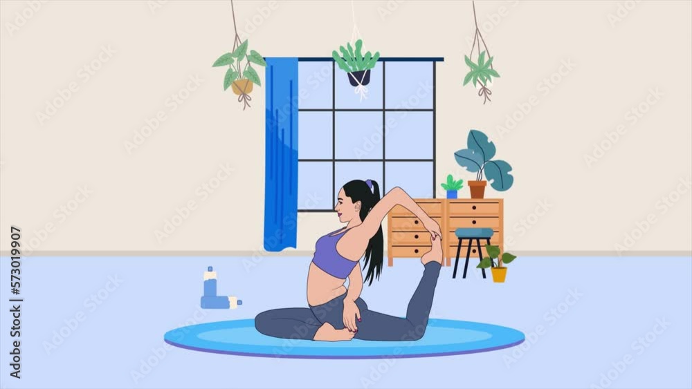 Animated young lady character meditating, Doing yoga exercises indoor ...