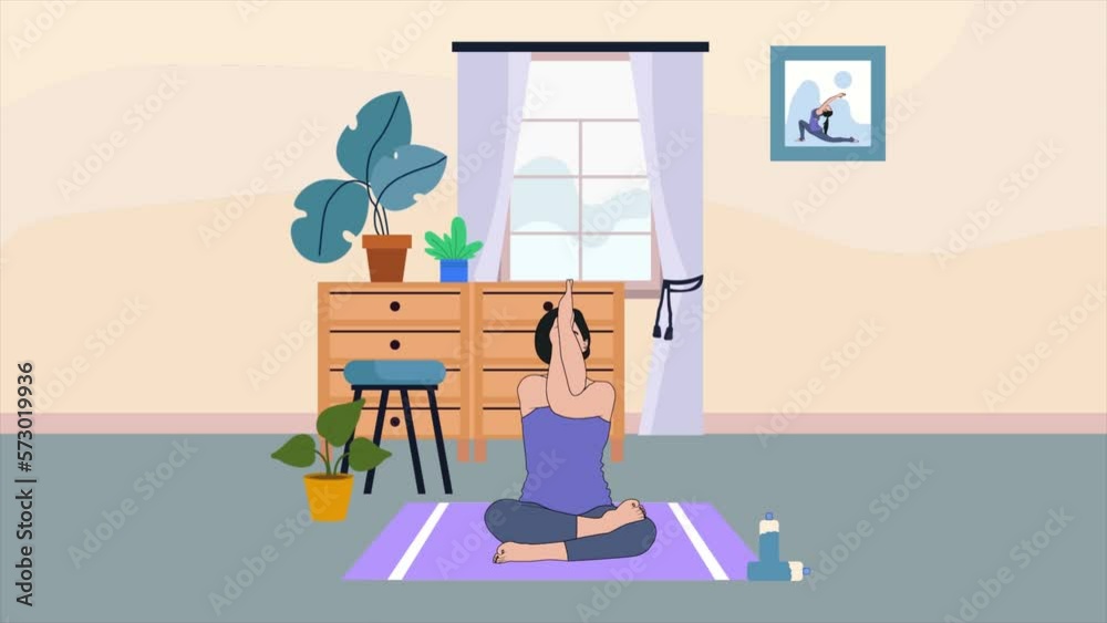 Animated young lady character meditating, Doing yoga exercises indoor ...