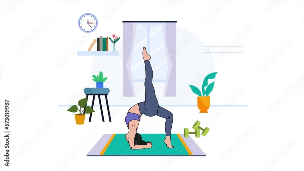 Animated young lady character meditating, Doing yoga exercises indoor ...