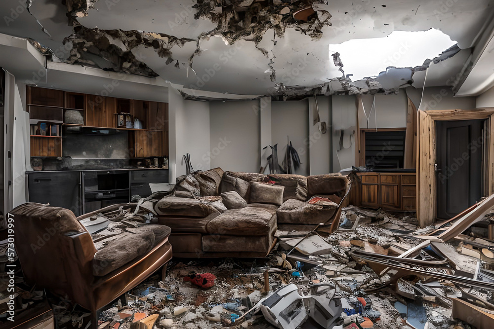 Consequences of strong earthquake, interior of damaged room in ...