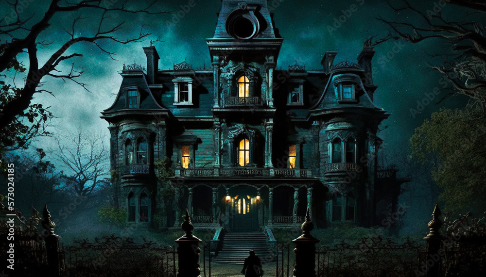Exterior view of a scary haunted manor by night - genrative ai Stock ...