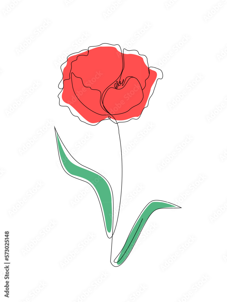 Poppy with leaves one line drawing.Continuous line drawing of flower ... Poppy with leaves one line drawing.Continuous line drawing of flower ...