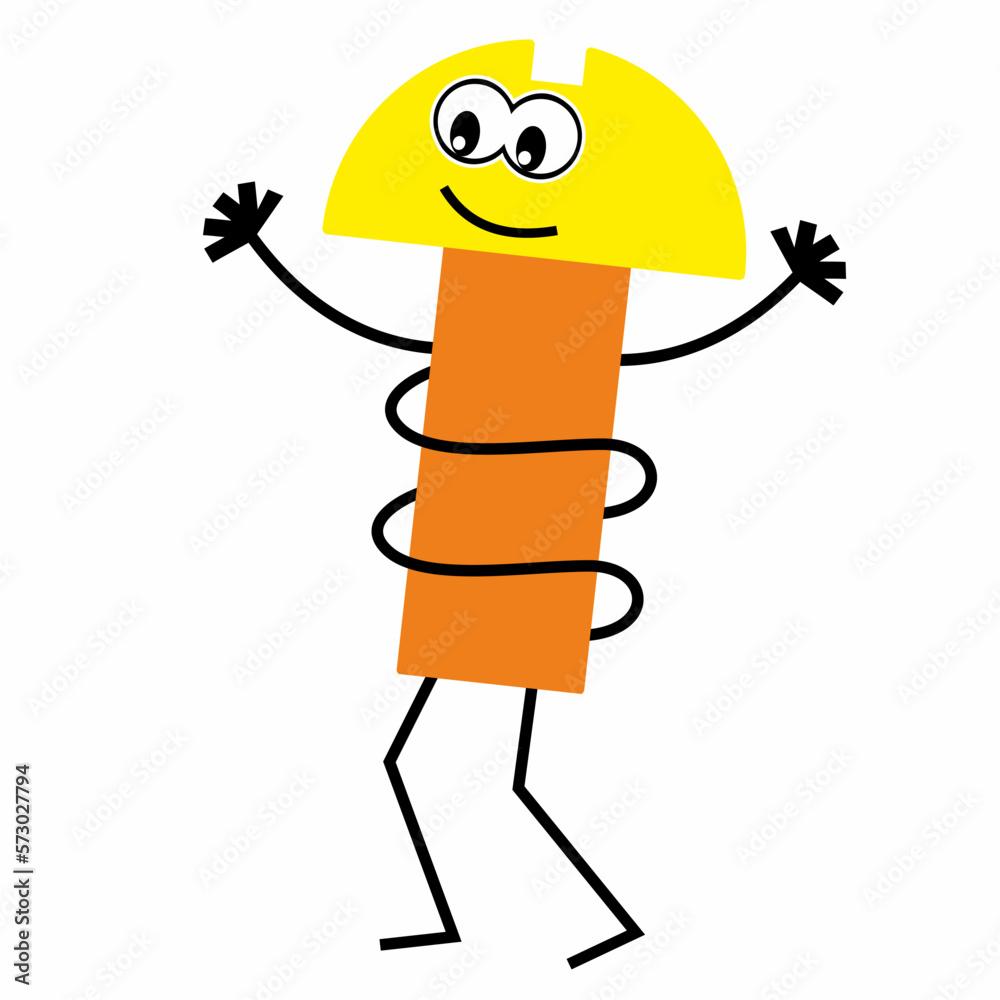 Orange and yellow screw on white background, eyes and mouth, hands and ...