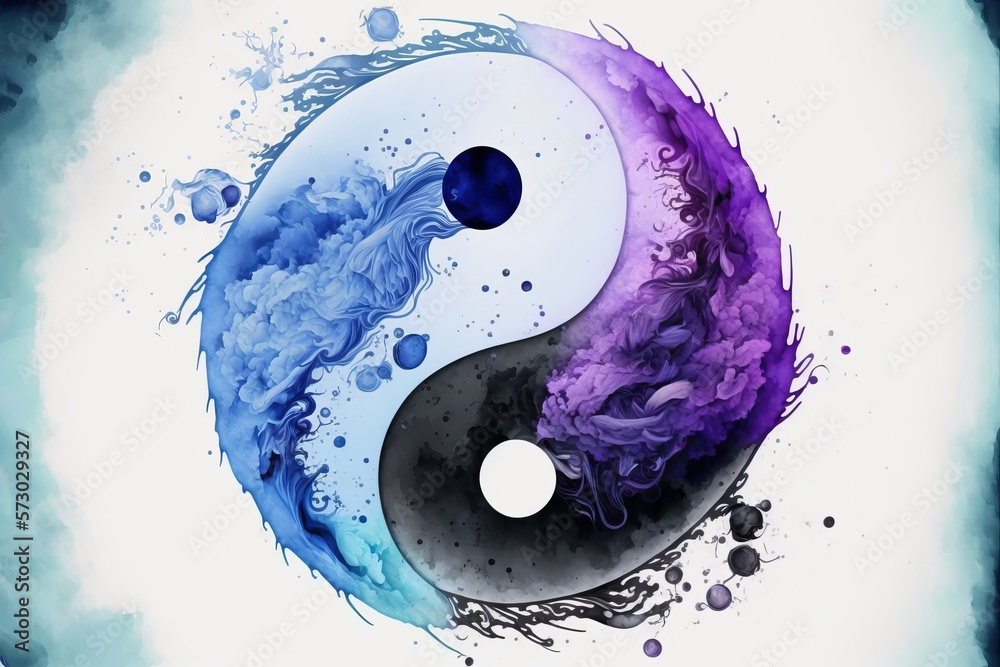 Watercolor inspired by yin and yang, mixing colors; black and white and ...