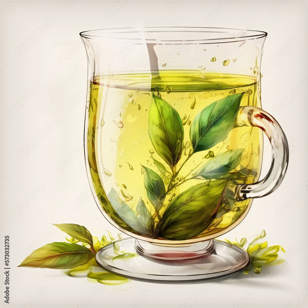 Watercolor green tea with leaves.AI generated. Stock Illustration ...